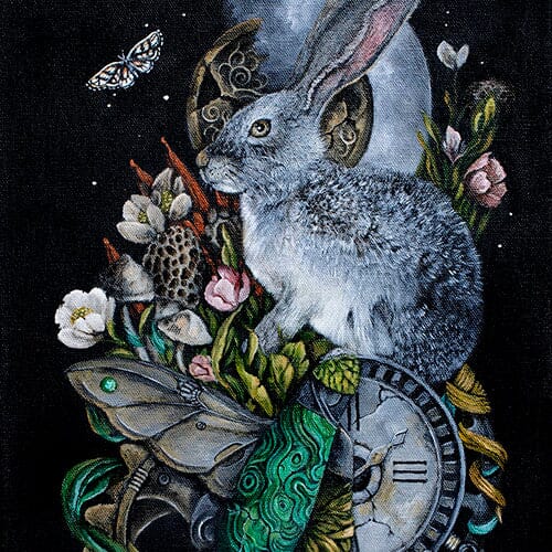 Steampunk Bunny Rabbit, Bird and Flowers Art Print