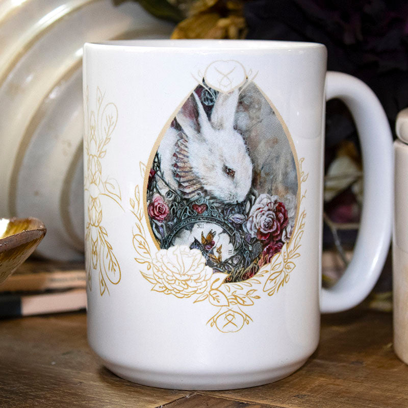 Ceramic Coffee Mug White Rabbit and Roses